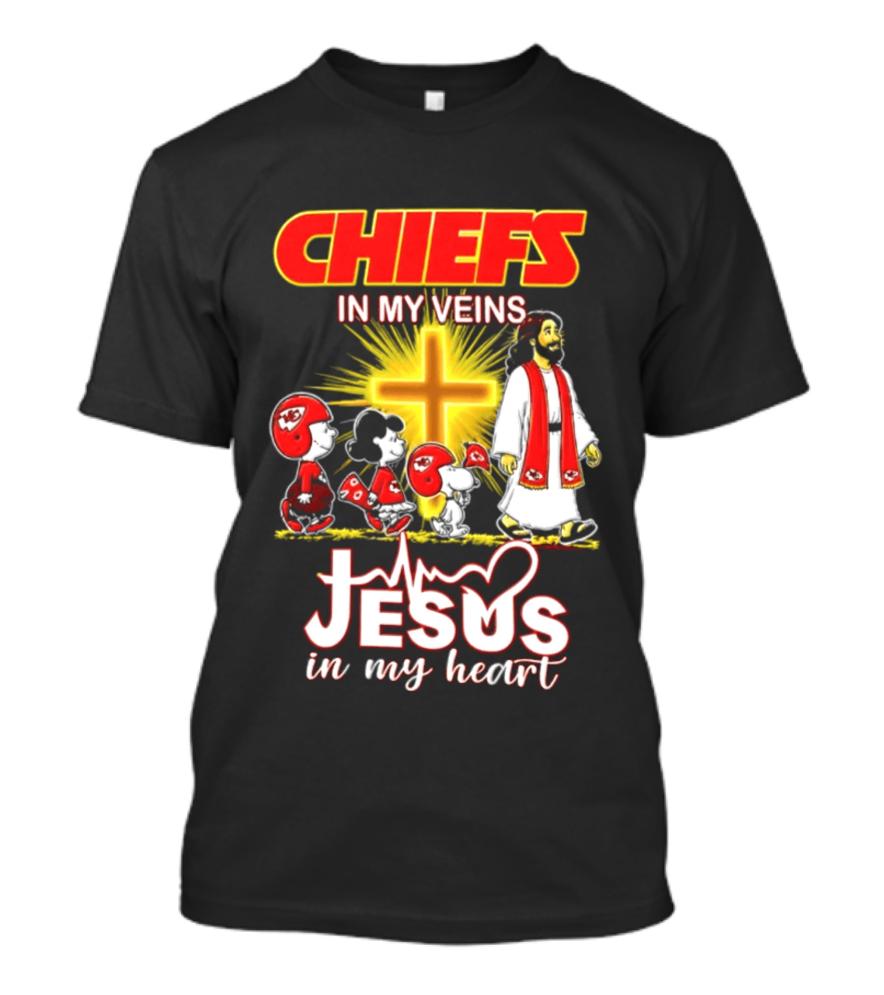 Chiefs In My Veins Jesus In My Heart Snoopy And Charlie Football T-Shirt