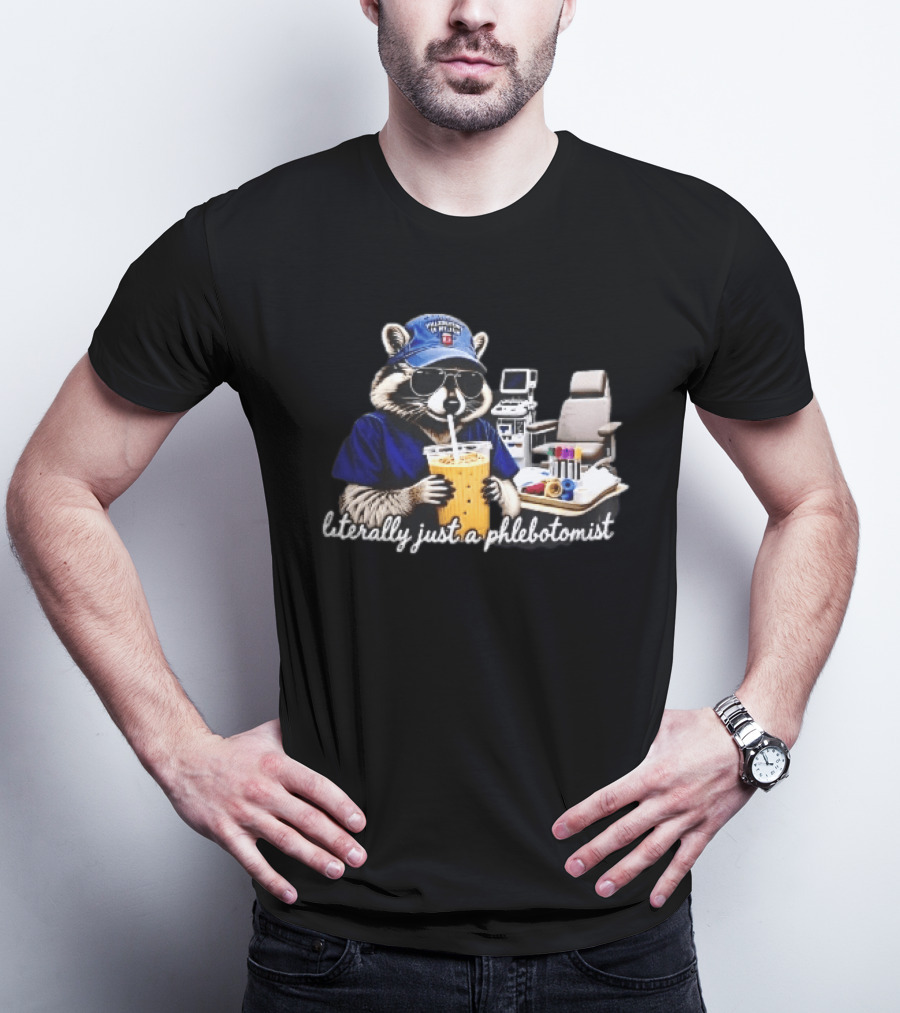 Raccoon Phlebotomist In Scrubs Sipping Drink With Blood Collection Tubes T-Shirt