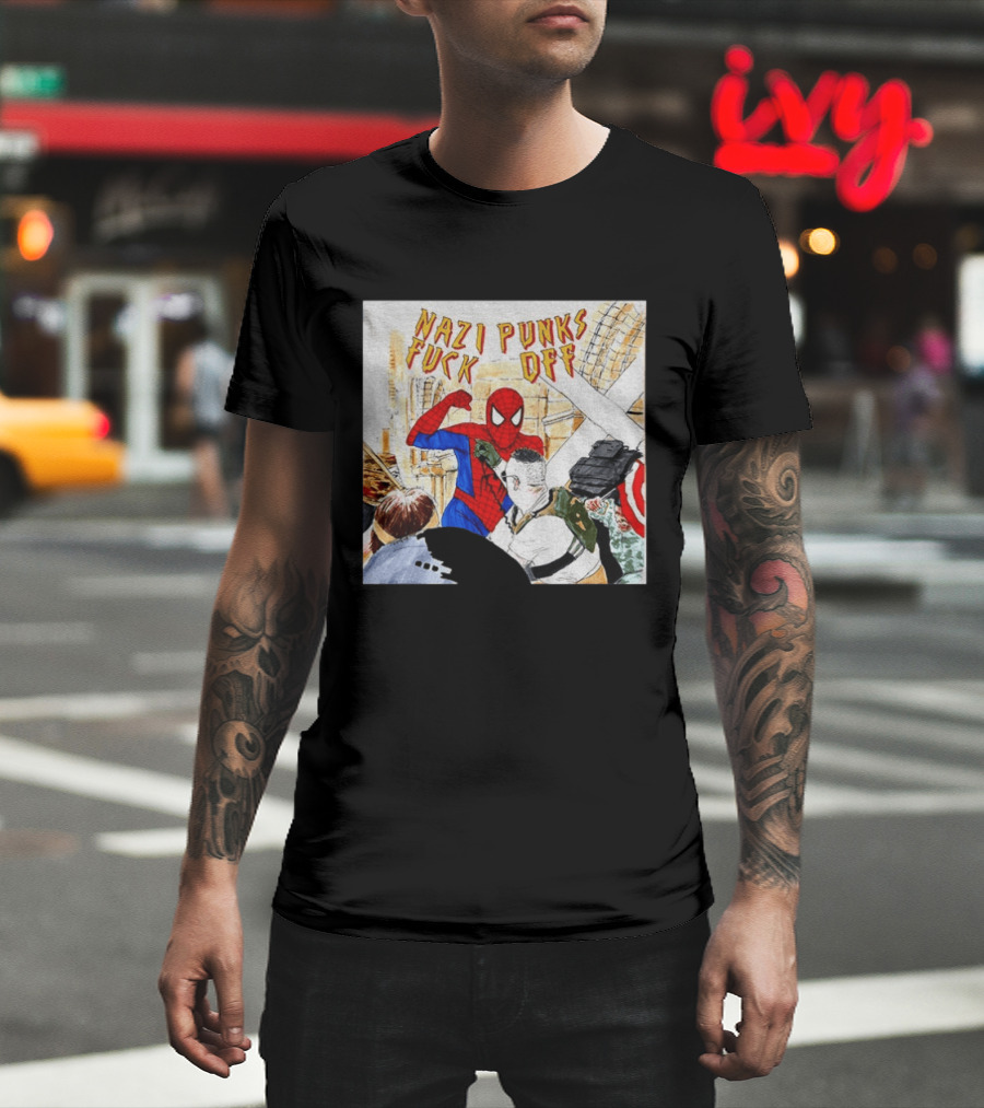 Nazi Punks Fuck Off Spiderman Characters Beating Minneapolis Police Pointing Meme T-Shirt