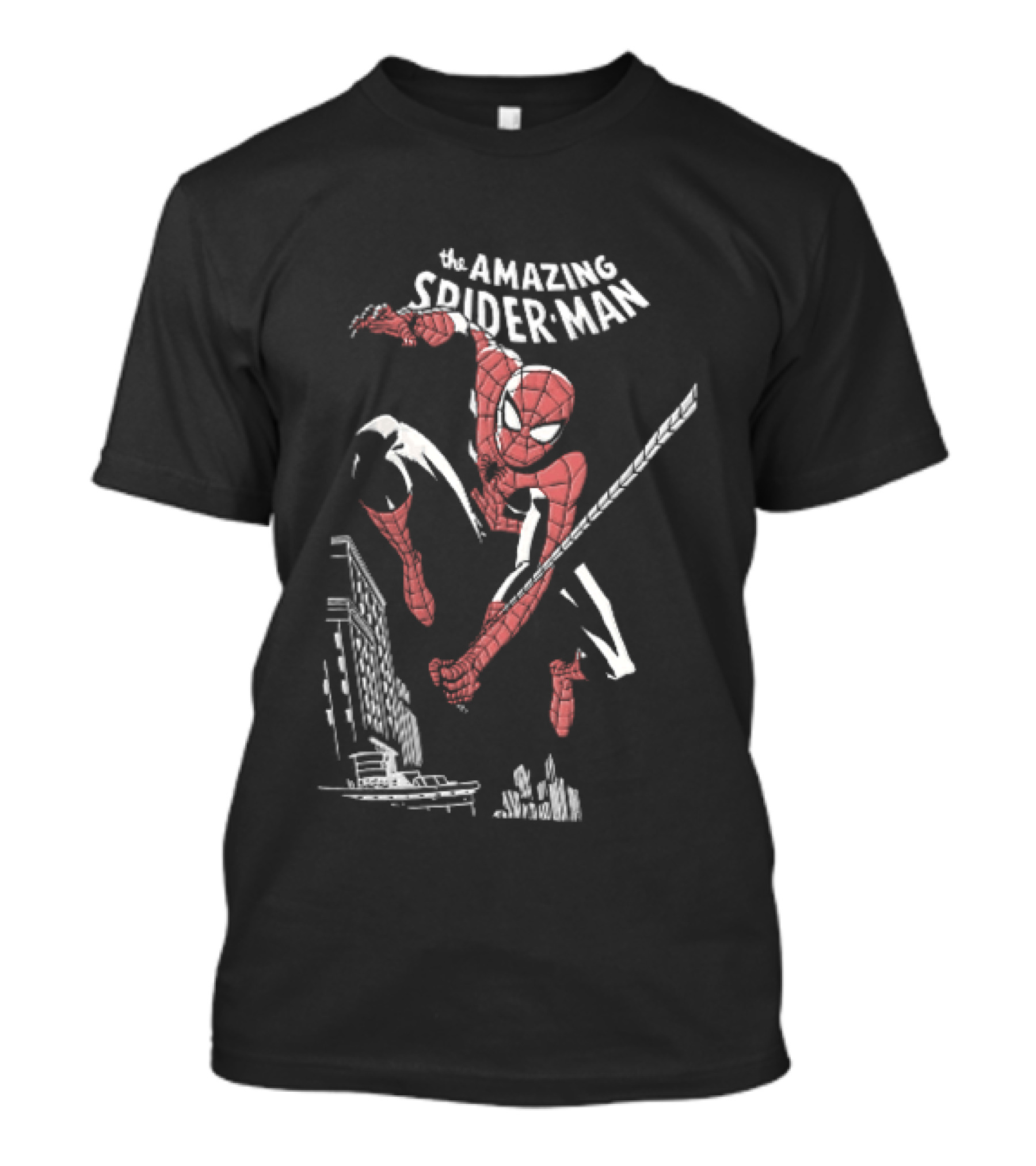 The Amazing Spider Man Swinging Above City Skyline T-Shirt