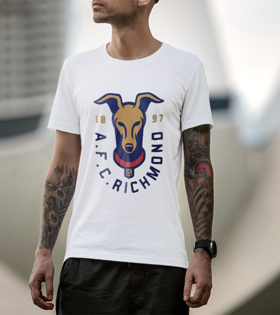 AFC Richmond 1897 Blue And Gold Greyhound Dog Head With Red Collar T-Shirt