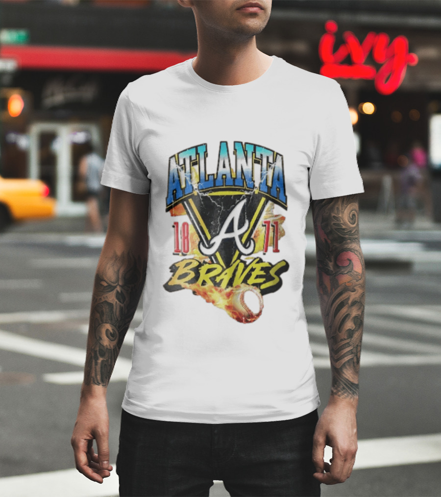 Atlanta Braves 1871 Vintage Flaming Baseball Lightning Triangle T-Shirt