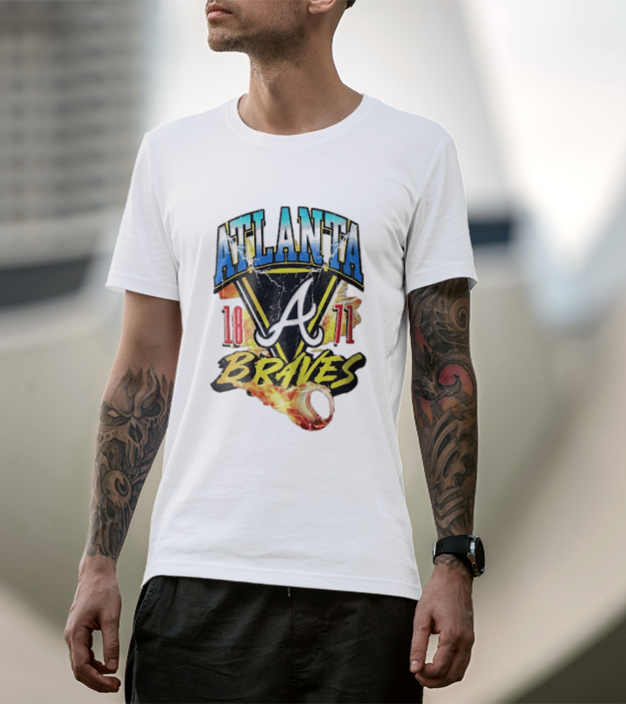 Atlanta Braves 1871 Vintage Flaming Baseball Lightning Triangle T-Shirt