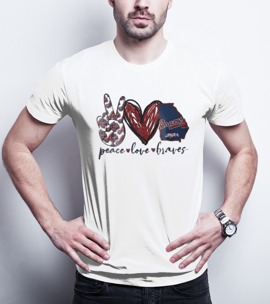 Peace Love Braves Hand Red Glitter Heart Georgia Map T-Shirt