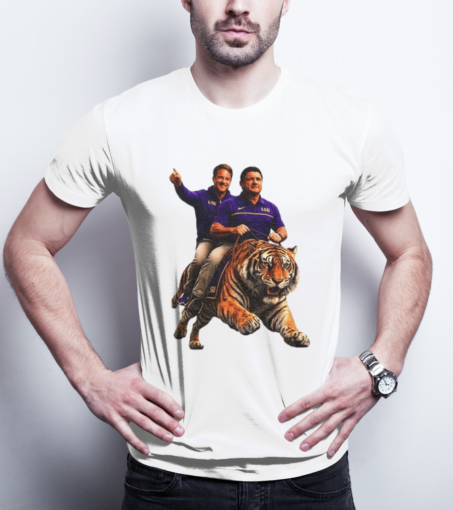 Bayou Brothers Tiger Riding LSU Coach Ed Orgeron Vs Kim Mulkey T-Shirt