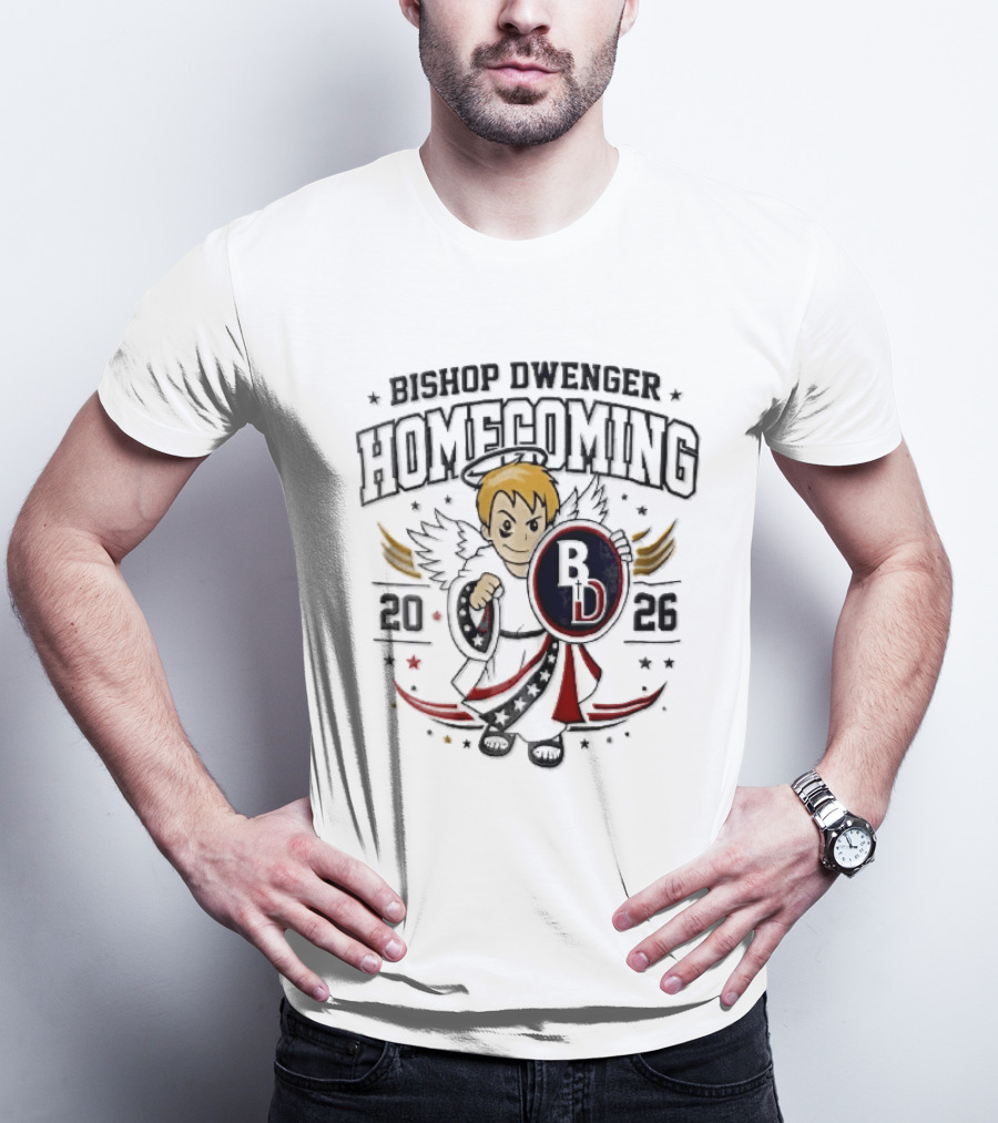 Bishop Dwenger Homecoming 2026 Cartoon Angel Holding Shield Stars 2023 T-Shirt