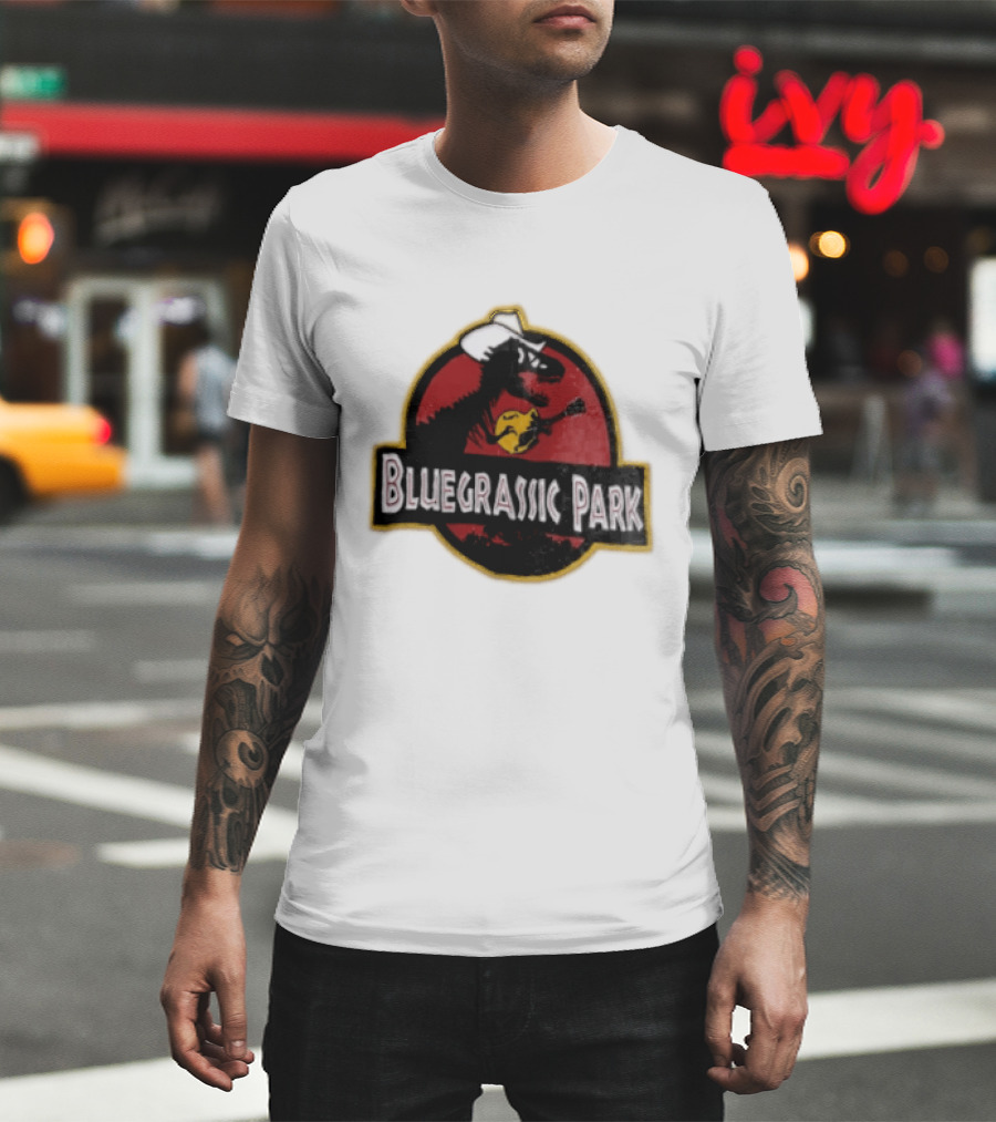 Bluegrassic Park Dinosaur Playing Mandolin Cowboy Hat Jurassic T-Shirt