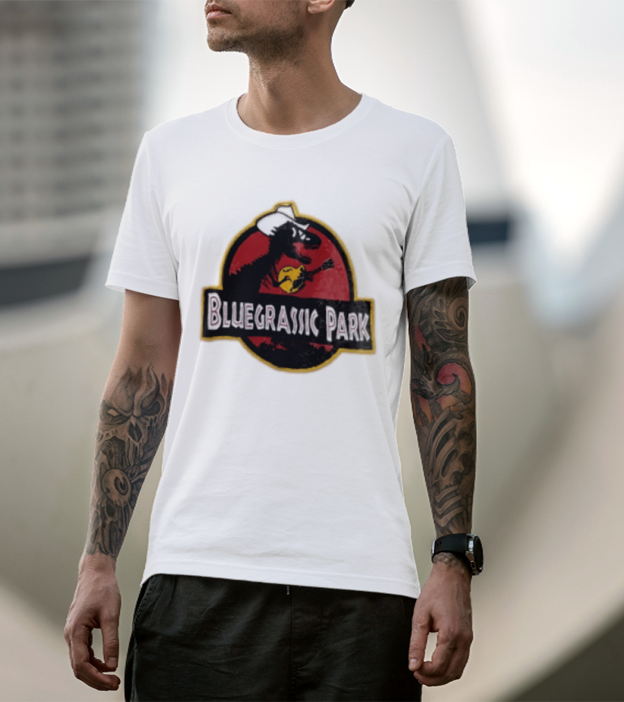 Bluegrassic Park Dinosaur Playing Mandolin Cowboy Hat Jurassic T-Shirt