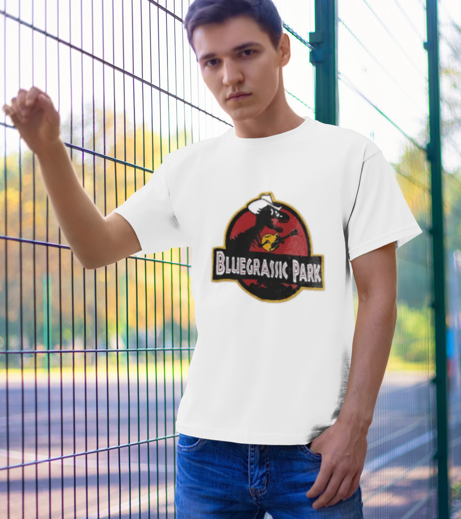 Bluegrassic Park Dinosaur Playing Mandolin Cowboy Hat Jurassic T-Shirt