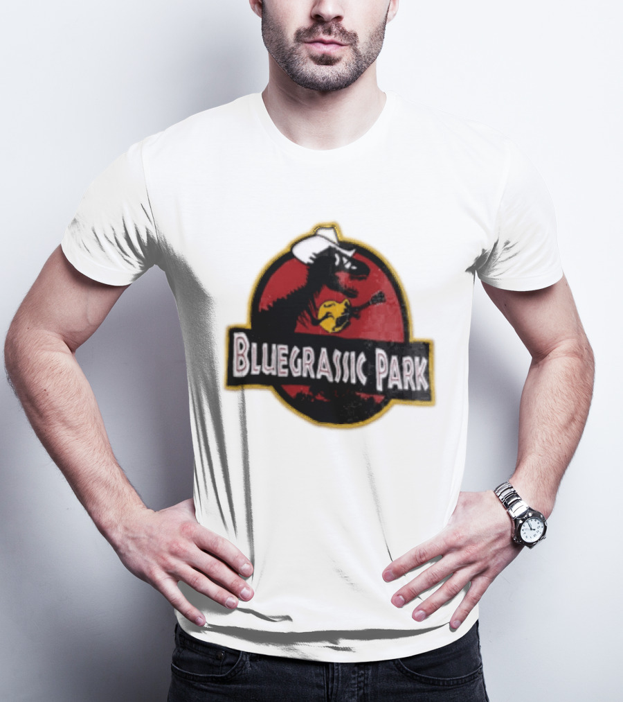 Bluegrassic Park Dinosaur Playing Mandolin Cowboy Hat Jurassic T-Shirt