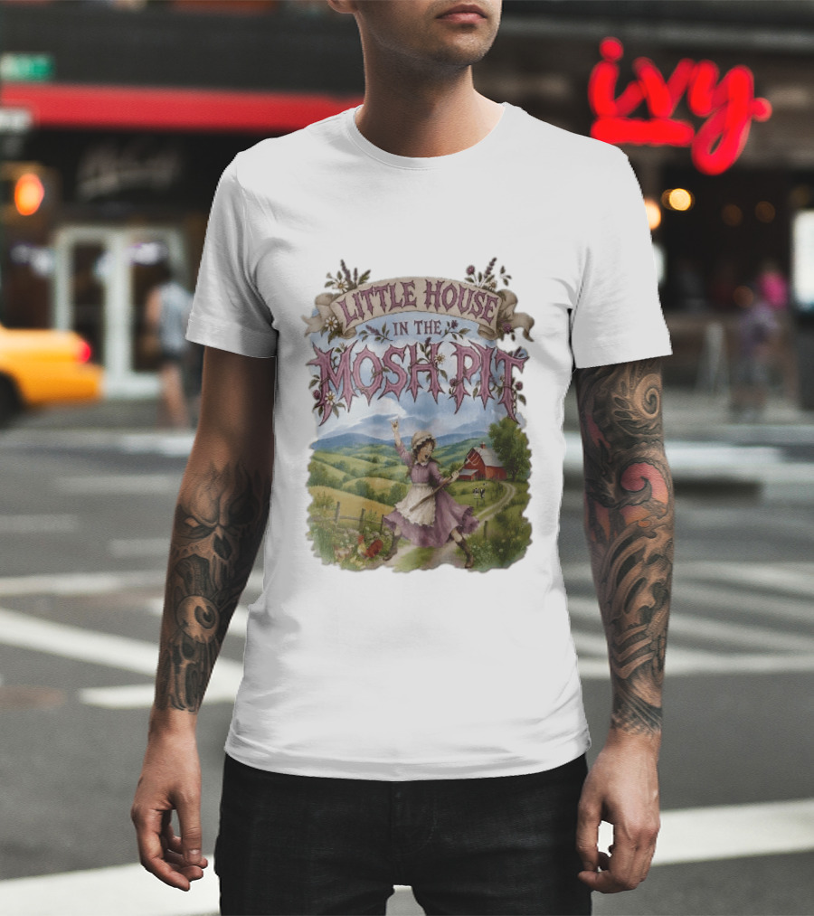 Little House In The Mosh Pit Pioneer Girl Screaming Pitchfork Red Barn Farm Country Scene T-Shirt