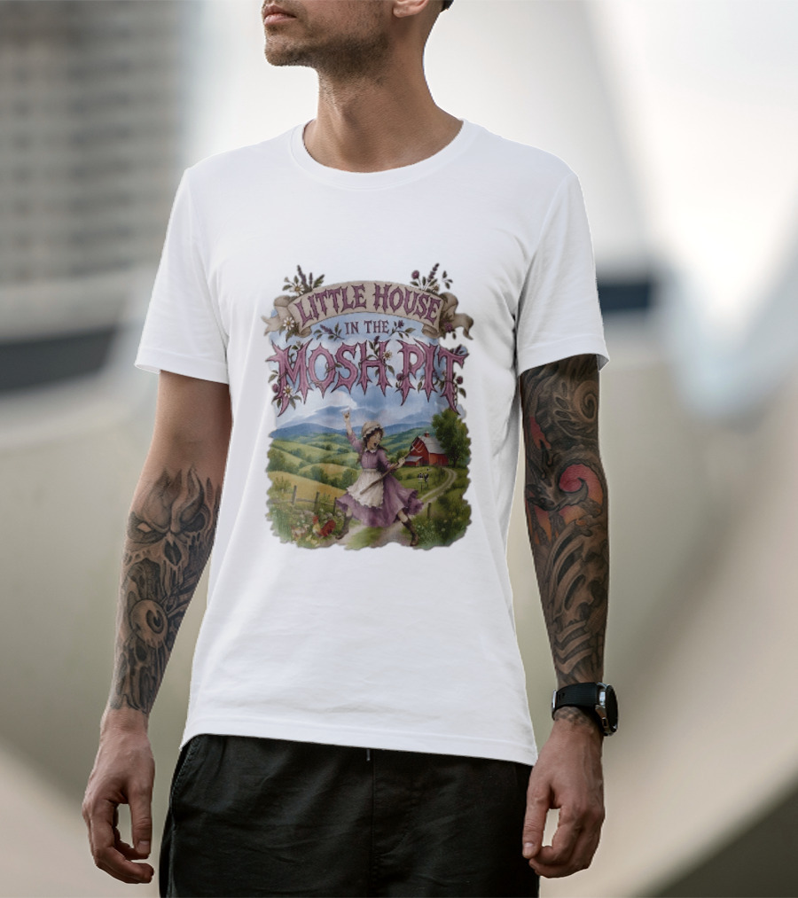 Little House In The Mosh Pit Pioneer Girl Screaming Pitchfork Red Barn Farm Country Scene T-Shirt