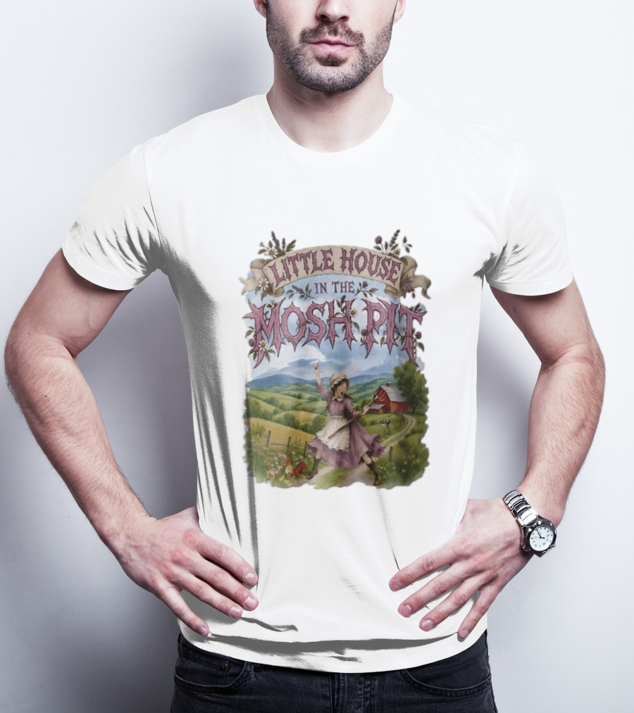 Little House In The Mosh Pit Pioneer Girl Screaming Pitchfork Red Barn Farm Country Scene T-Shirt