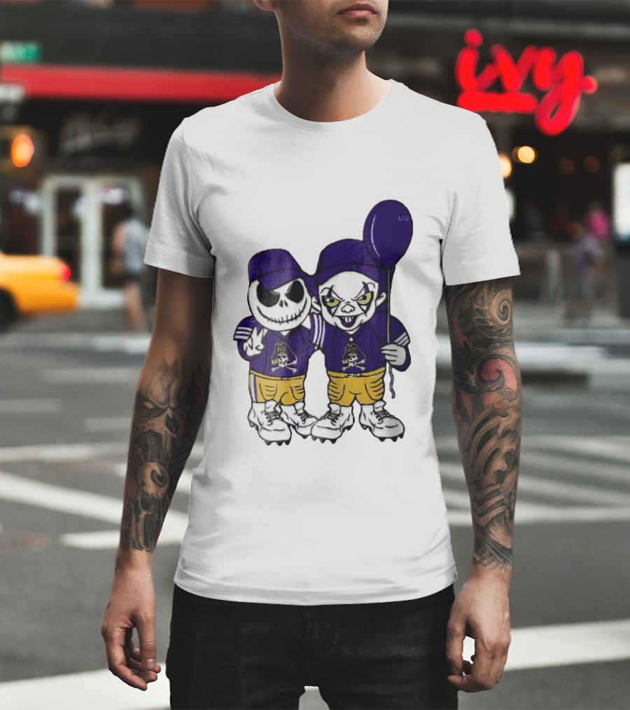 East Carolina Pirates NCAA Jack Skellington Pennywise Clown Purple Balloon T-Shirt