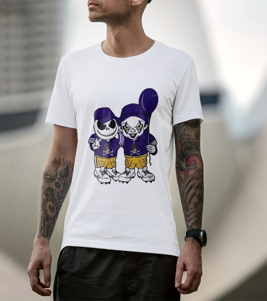 East Carolina Pirates NCAA Jack Skellington Pennywise Clown Purple Balloon T-Shirt