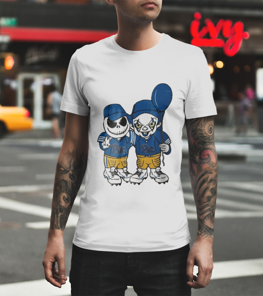 Pittsburgh Panthers NCAA Football Jack Skellington Clown Cartoon Players Blue Balloon T-Shirt