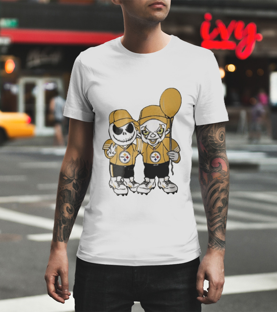 Pittsburgh Steelers Jack Skellington Pennywise Yellow Balloon NFL Cartoon Duo T-Shirt