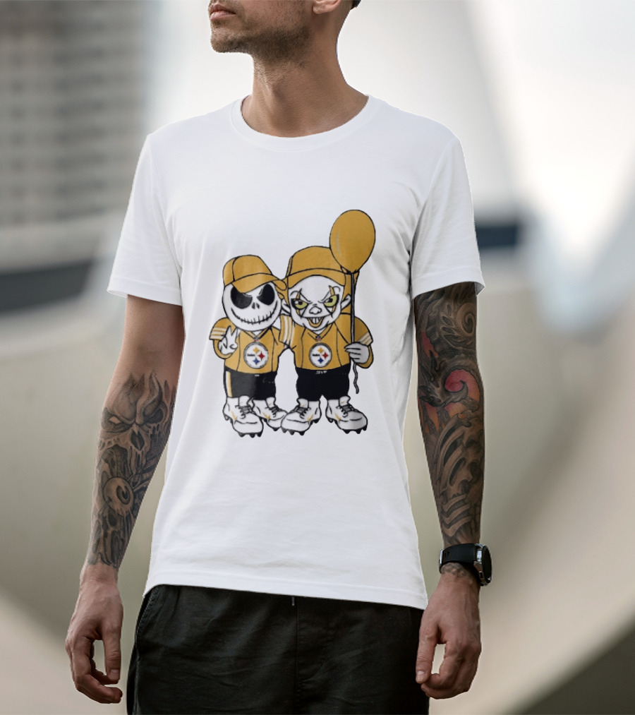 Pittsburgh Steelers Jack Skellington Pennywise Yellow Balloon NFL Cartoon Duo T-Shirt