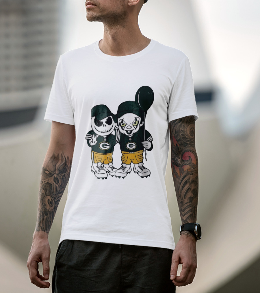 Green Bay Packers Jack Skellington Clown Balloon Cartoon Caricature Duo T-Shirt