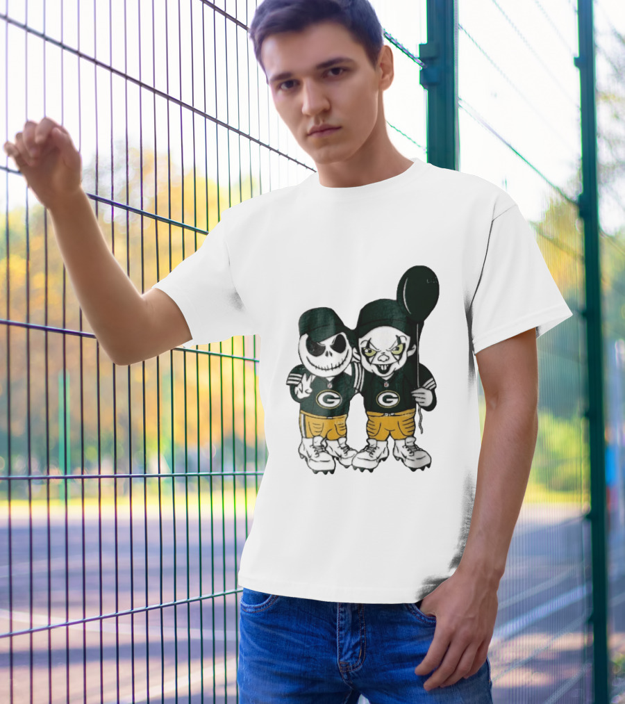 Green Bay Packers Jack Skellington Clown Balloon Cartoon Caricature Duo T-Shirt