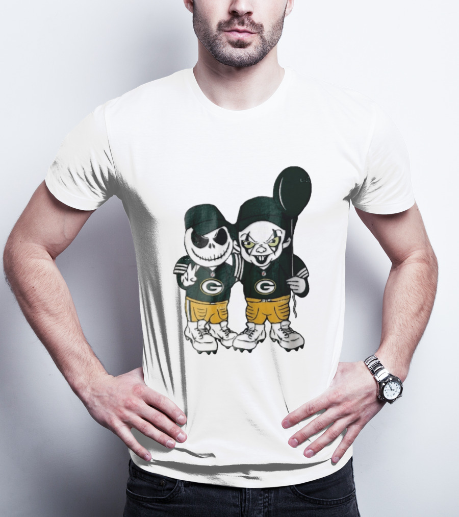 Green Bay Packers Jack Skellington Clown Balloon Cartoon Caricature Duo T-Shirt
