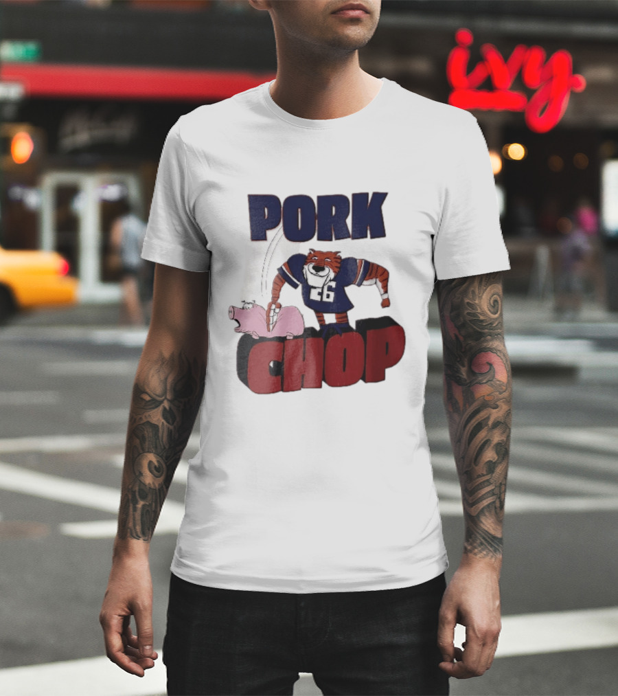 Pork Chop Cartoon Tiger 26 Football Player Hitting Pig T-Shirt