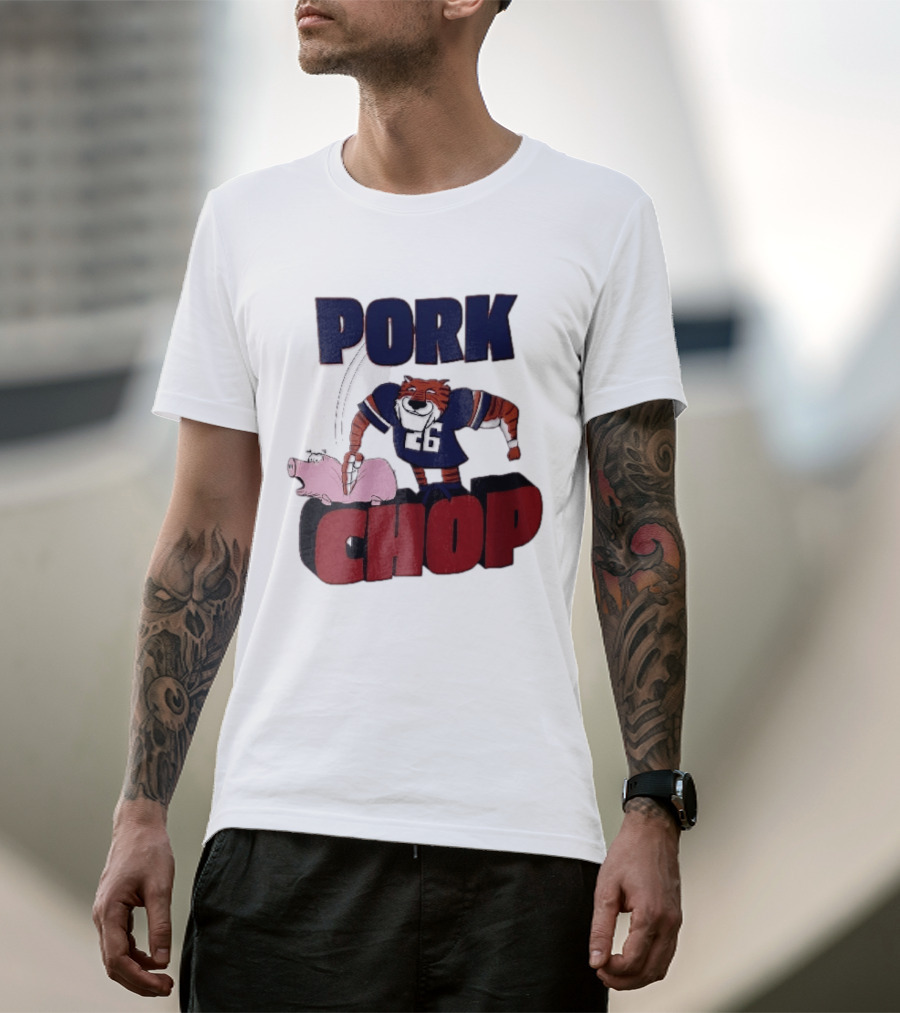 Pork Chop Cartoon Tiger 26 Football Player Hitting Pig T-Shirt