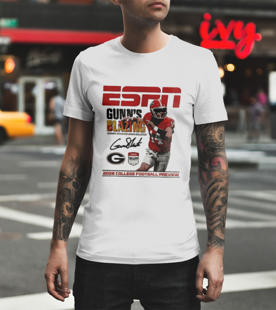 ESPN Gunn's Blazing Georgia Bulldogs 2026 College Football Preview Gunner Stockton T-Shirt