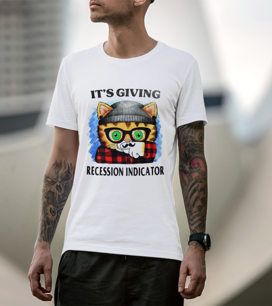 Hipster Cat Glasses Beanie Flannel It's Giving Recession Indicator T-Shirt