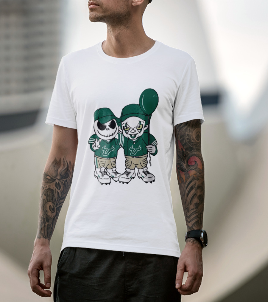 South Florida Bulls Skeleton And Evil Clown With Balloon NCAA Cartoon T-Shirt