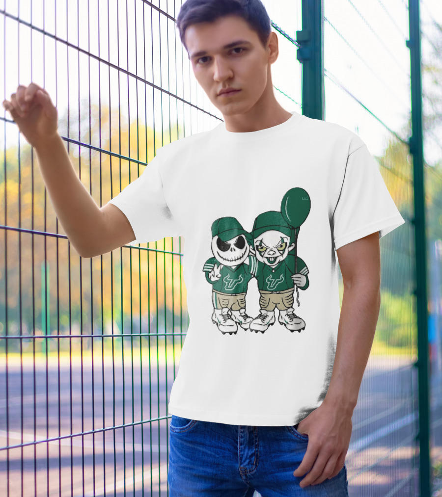 South Florida Bulls Skeleton And Evil Clown With Balloon NCAA Cartoon T-Shirt