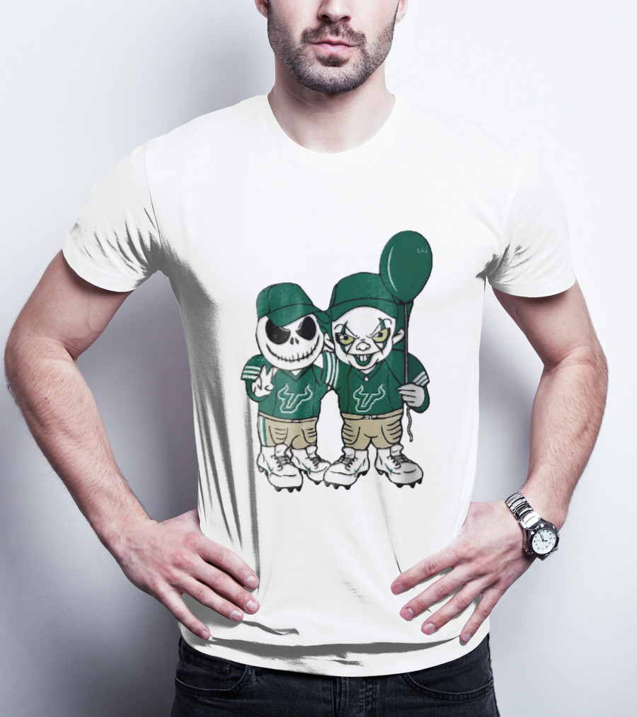 South Florida Bulls Skeleton And Evil Clown With Balloon NCAA Cartoon T-Shirt