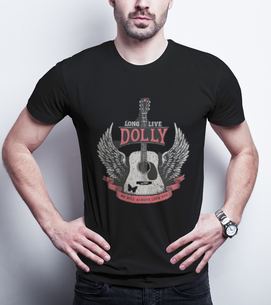 Long Live Dolly Distressed Winged Acoustic Guitar Butterfly Red Banner We Will Always Love You T-Shirt