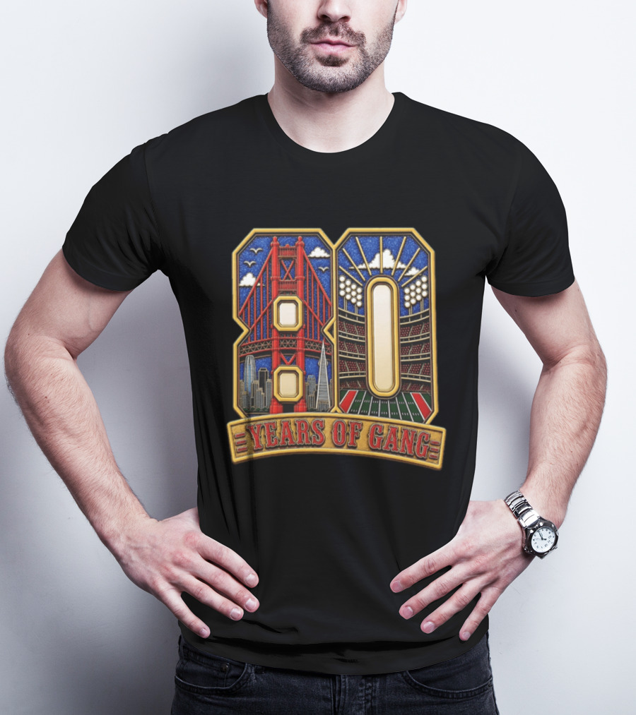 San Francisco 49ers 80 Years Of Gang Bridge And Stadium Celebration T-Shirt