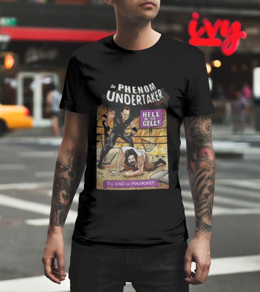 The Phenom Undertaker Hell In The Cell End Of Mankind Cartoon Wrestler Standing Over Opponent T-Shirt