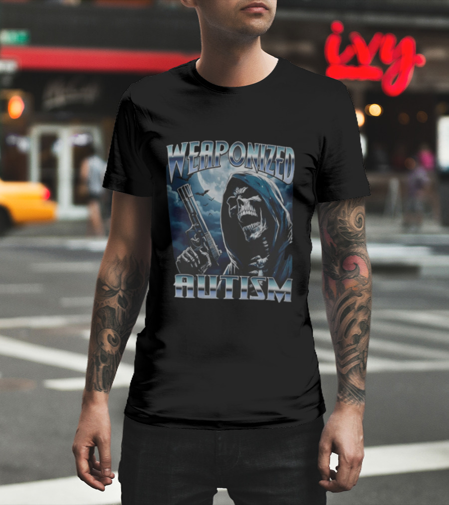Weaponized Autism Skeleton With Gun Under Moonlight T-Shirt