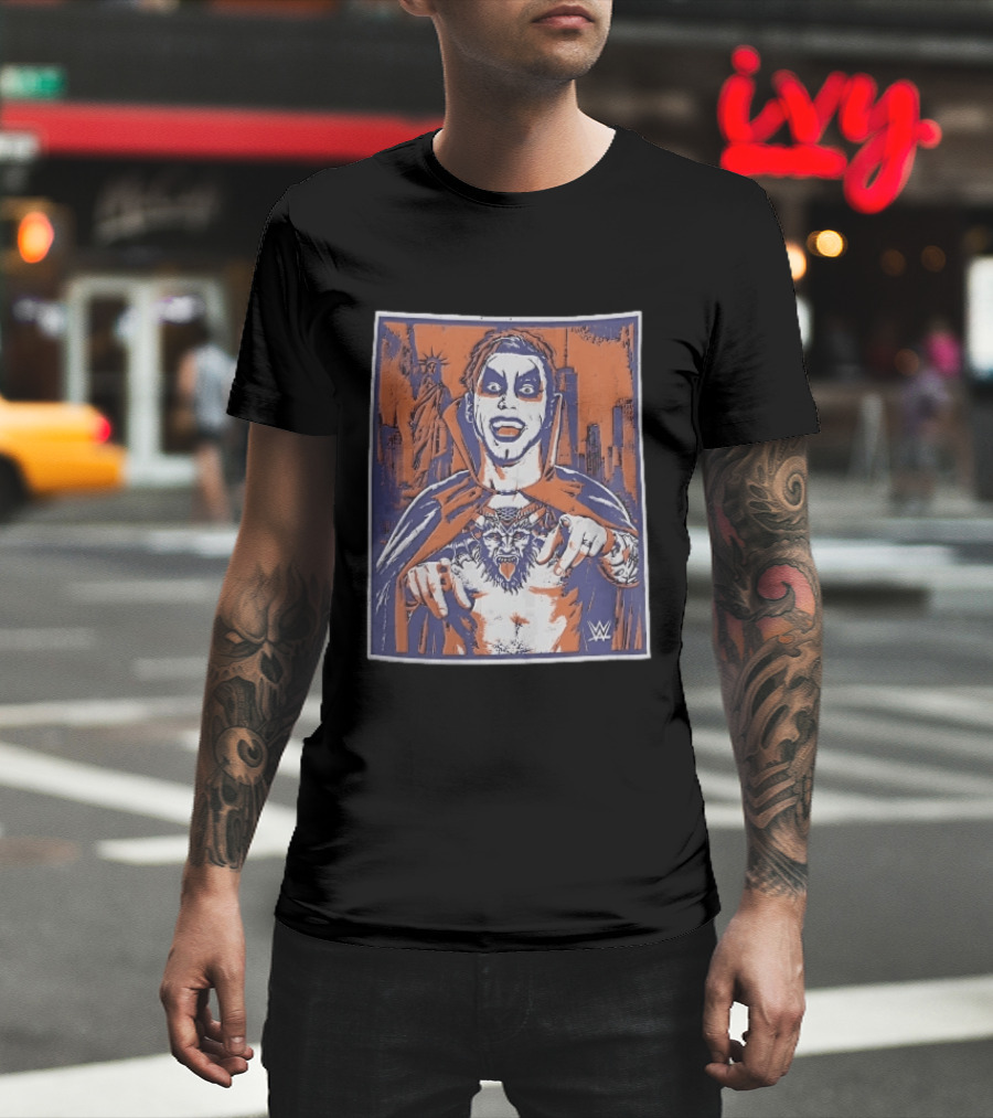 WWE Facepaint Wrestler At Liberty Statue Skyline With Demon Tattoo T-Shirt