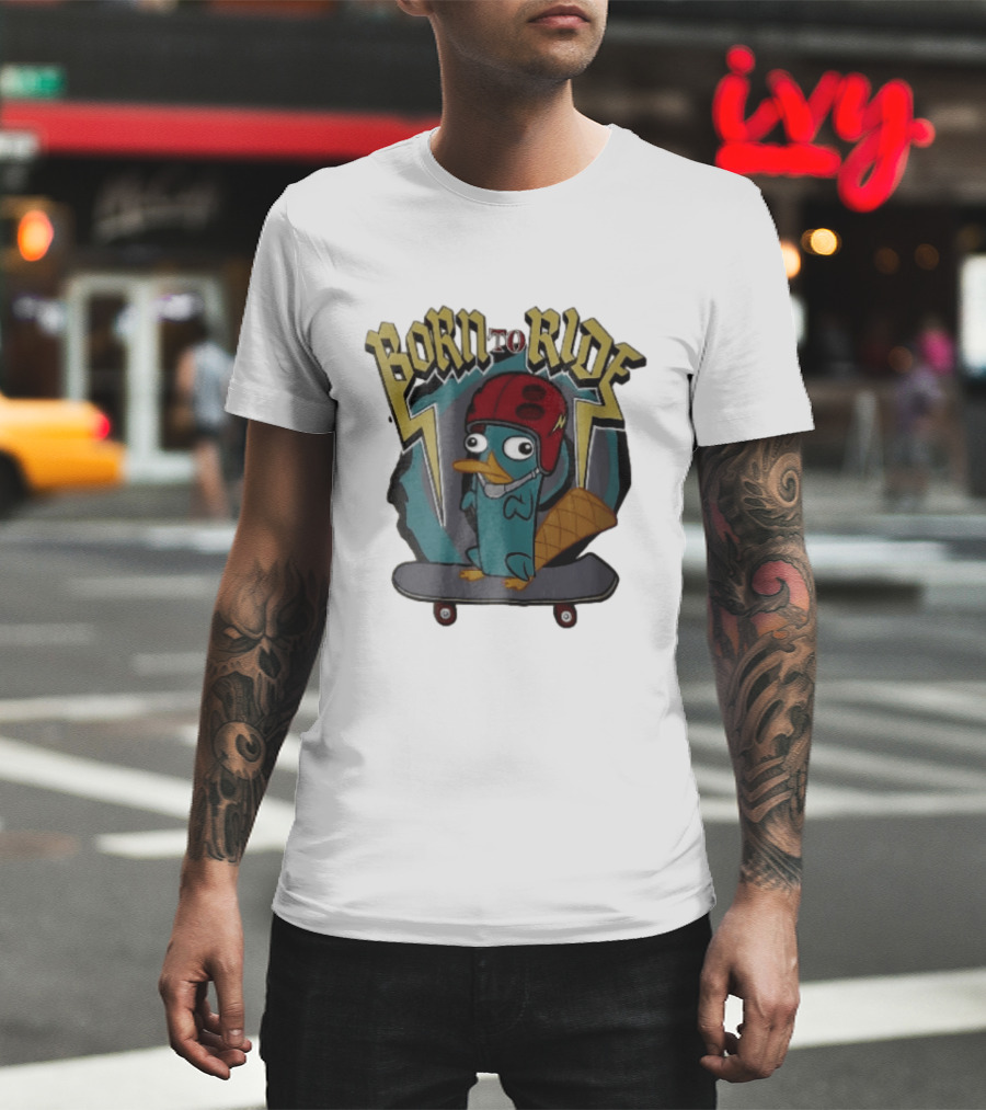 Born To Ride Cartoon Platypus Red Helmet Skateboard T-Shirt