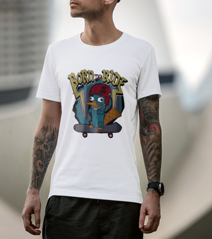 Born To Ride Cartoon Platypus Red Helmet Skateboard T-Shirt