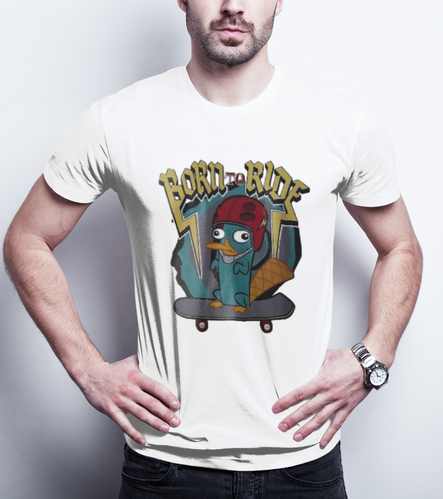 Born To Ride Cartoon Platypus Red Helmet Skateboard T-Shirt