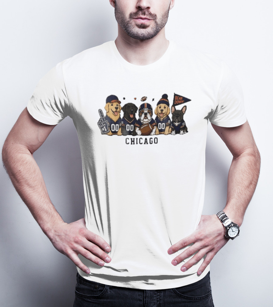 Chicago Bears Bear Down Five Cartoon Dogs In Football Jerseys With Flag And Foam Finger T-Shirt