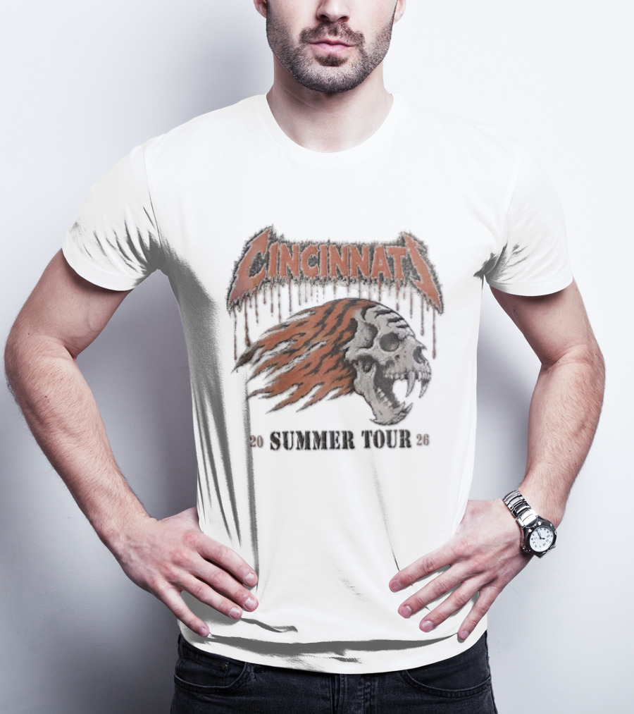 Cincinnati Bengals Tiger Skull Flaming Mane Summer Tour 2026 Distressed T-Shirt