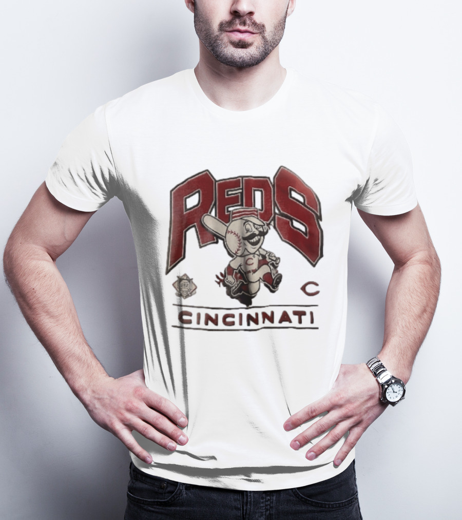 Cincinnati Reds Cartoon Running Bat Mascot Vintage MLB Fan Gear T-Shirt