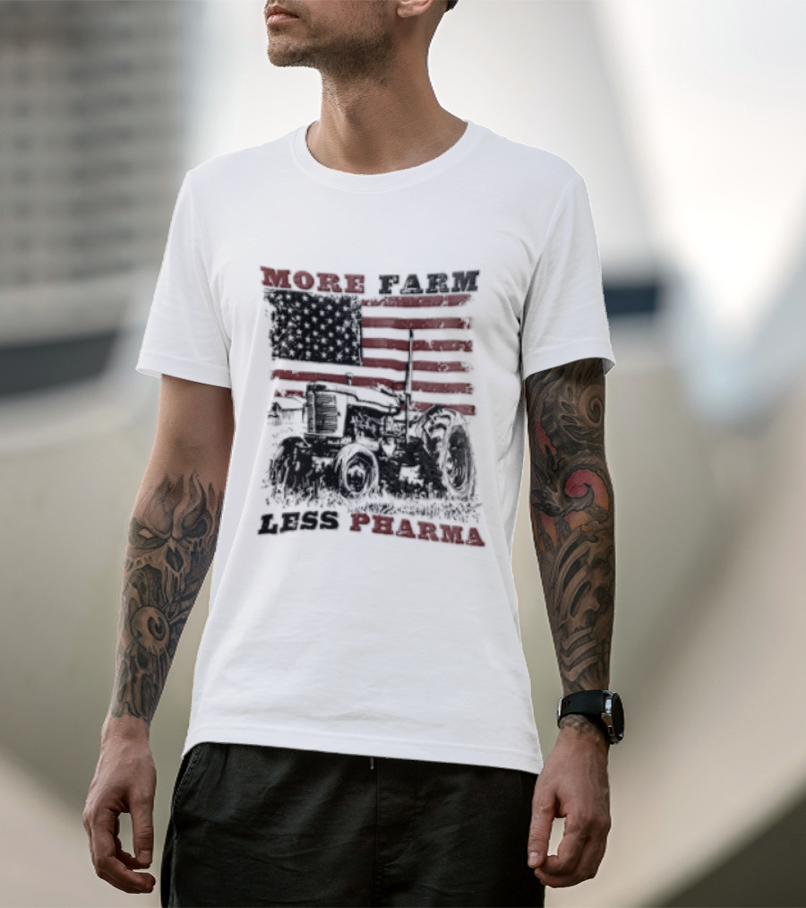 More Farm Less Pharma Distressed American Flag Tractor T-Shirt