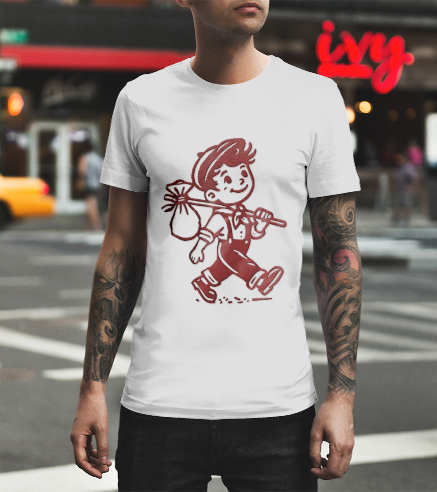 Red Line Cartoon Boy With Bindle Knapsack Stick Drawing T-Shirt