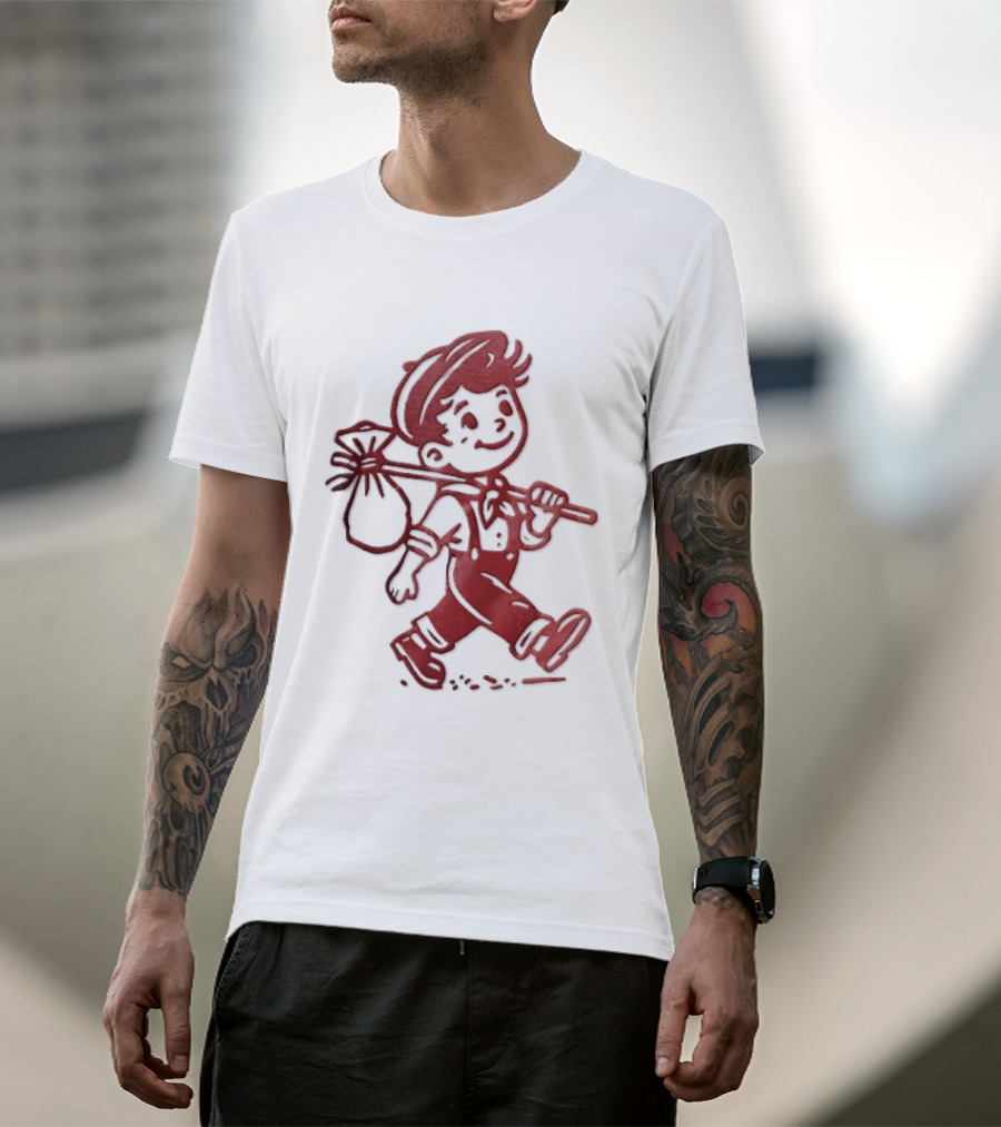 Red Line Cartoon Boy With Bindle Knapsack Stick Drawing T-Shirt