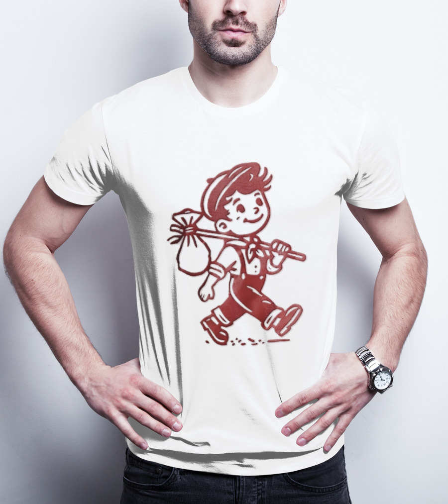 Red Line Cartoon Boy With Bindle Knapsack Stick Drawing T-Shirt