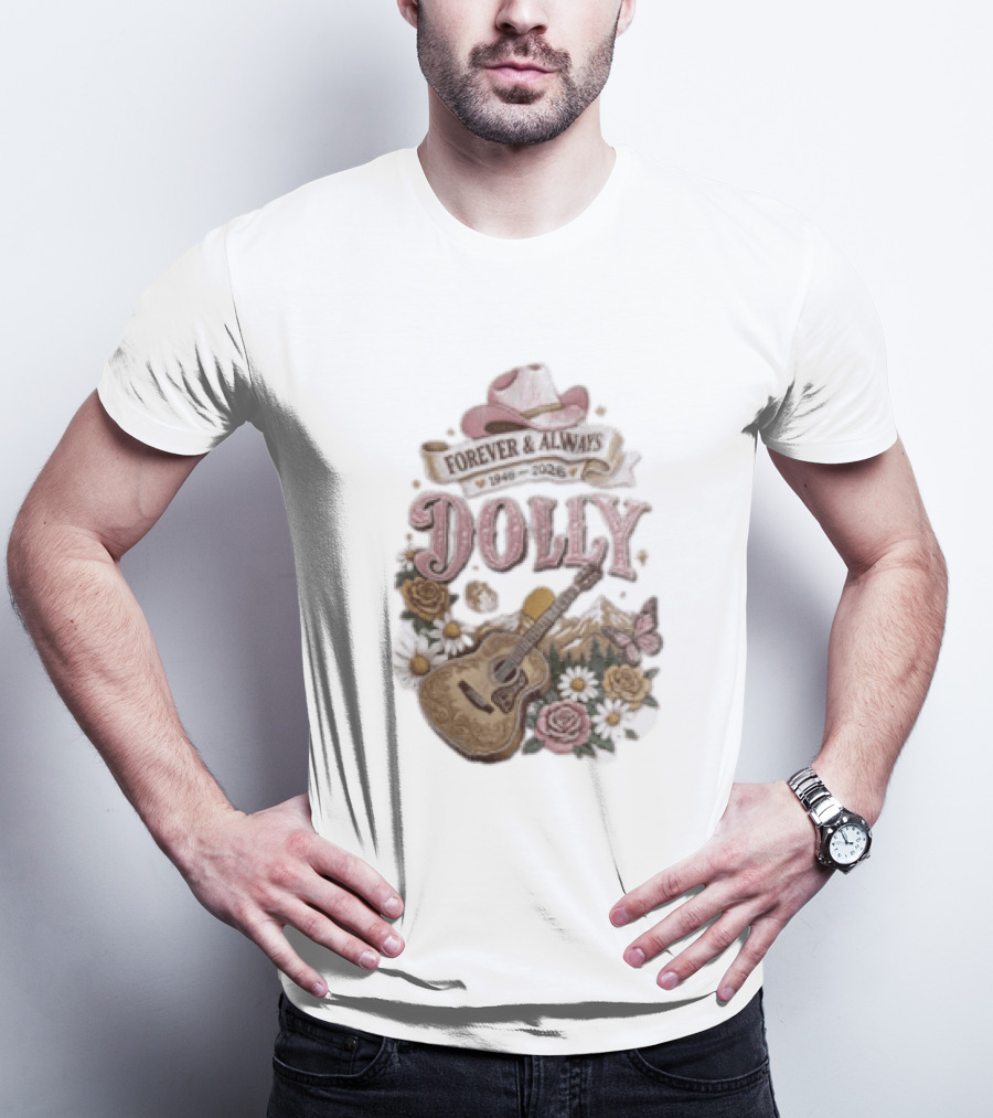 Forever & Always Dolly 1946 2026 Cowboy Hat Guitar Flowers Butterfly T-Shirt