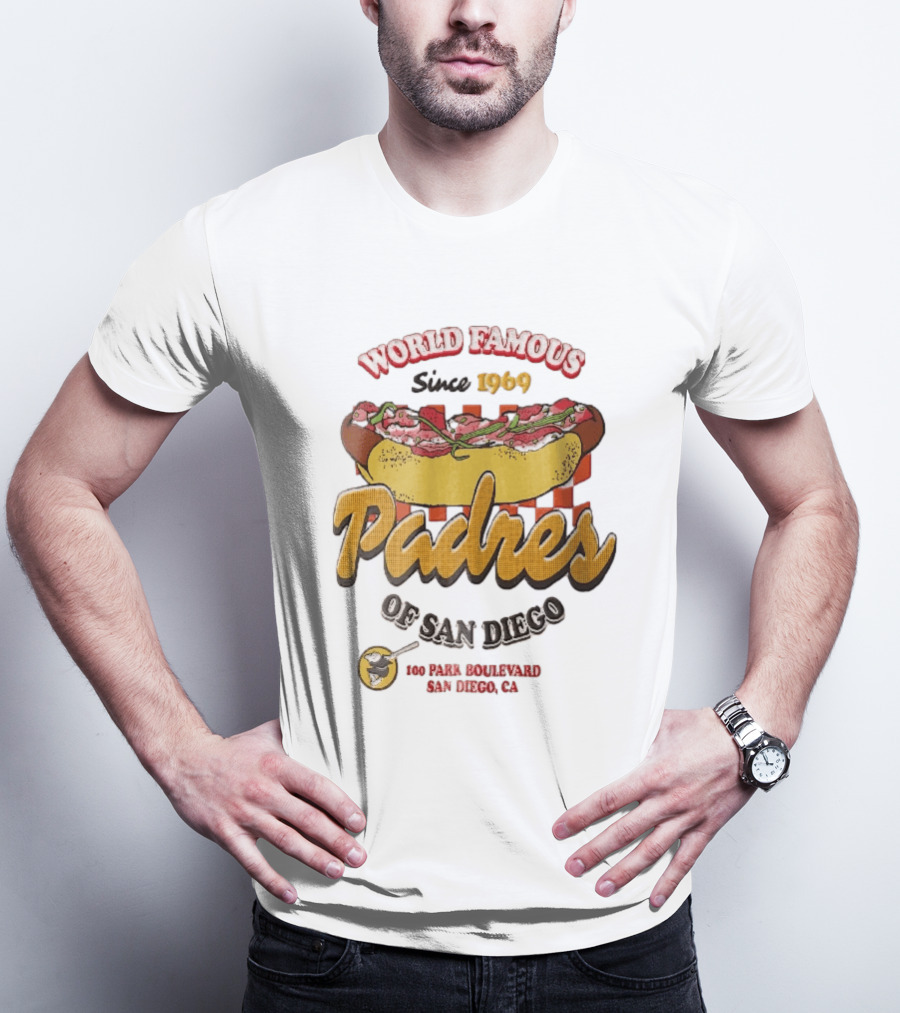 World Famous Padres Of San Diego Since 1969 Halftone Hot Dog 100 Park Boulevard CA T-Shirt