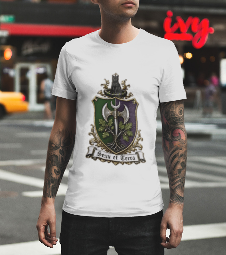 Sexu Et Terra Green Purple Shield Black Cat Axe And Tree Crest T-Shirt